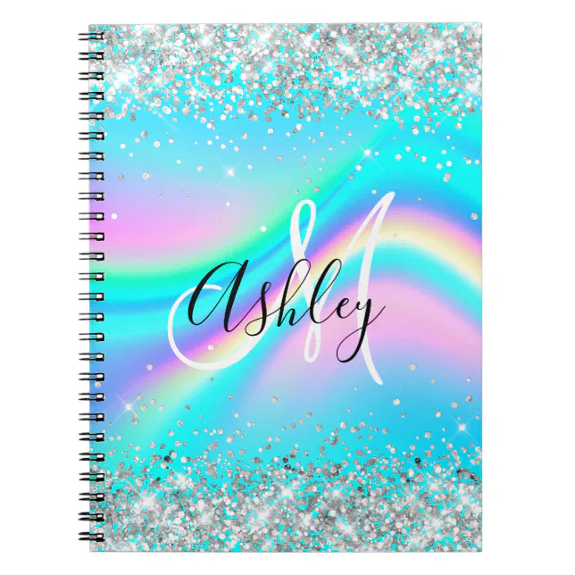 Silver Glitter Rainbow Wave Aqua Ombre Monogram Notebook | Zazzle