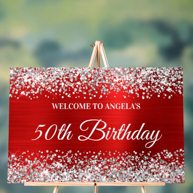 Silver Glitter Red 50th Birthday Welcome Acrylic Sign | Zazzle