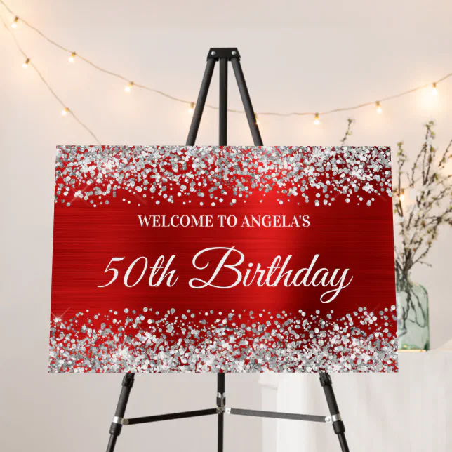 Silver Glitter Red 50th Birthday Welcome Foam Board | Zazzle