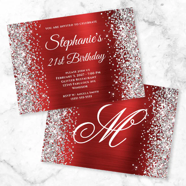 Silver Glitter Red Fancy Monogram 21st Birthday Invitation | Zazzle