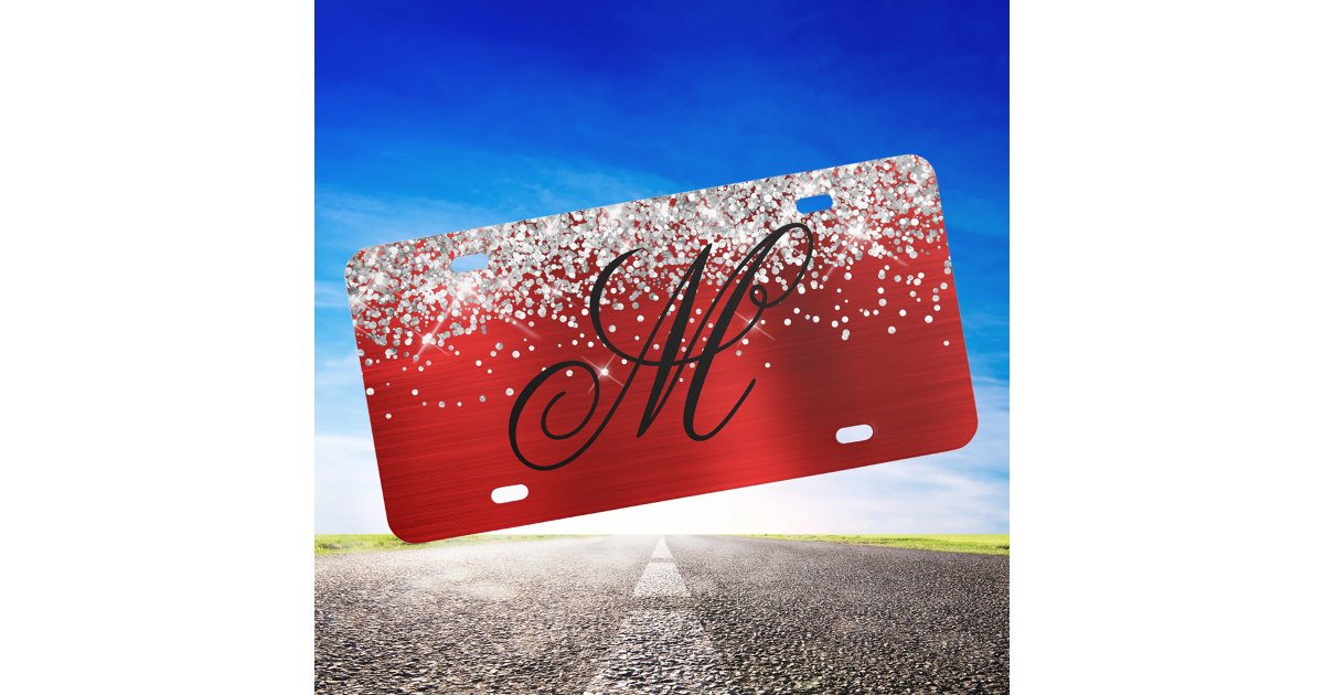 Silver Glitter Red Foil Black Fancy Monogram License Plate | Zazzle