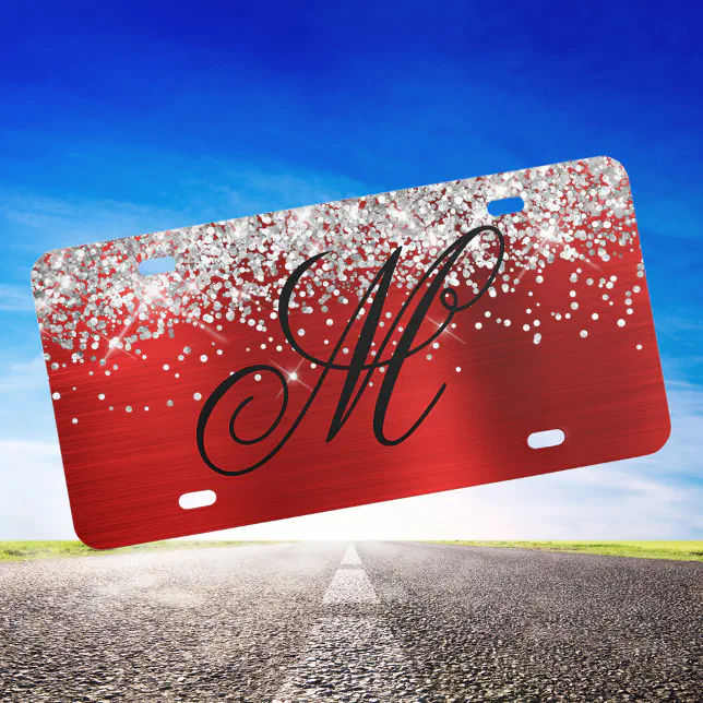 Silver Glitter Red Foil Black Fancy Monogram License Plate | Zazzle