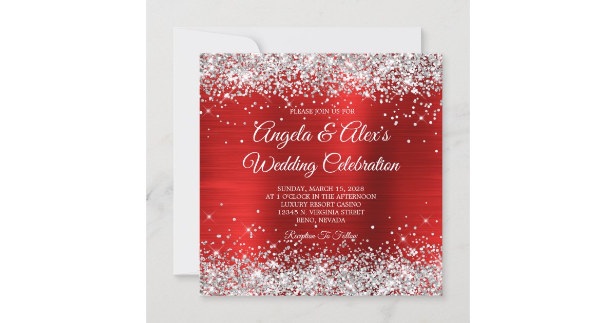 Silver Glitter Red Foil Elegant Wedding Invitation | Zazzle