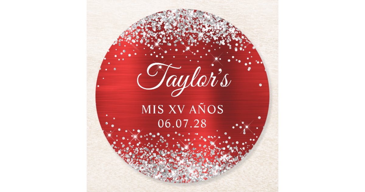 Silver Glitter Red Foil Mis XV Anos Birthday Round Paper Coaster | Zazzle