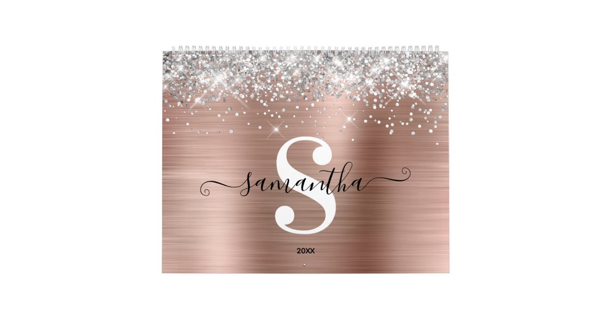 Silver Glitter Rose Gold Foil Monogram Photo Calendar | Zazzle
