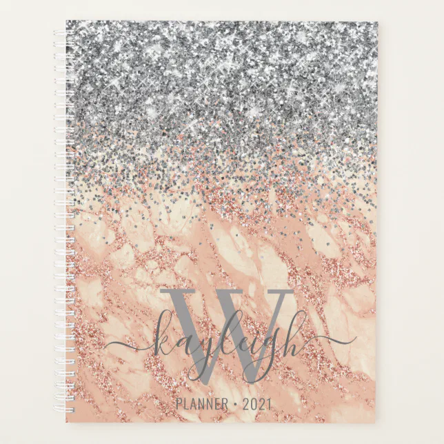 Silver Glitter Rose Gold Marble Monogrammed 2021 Planner | Zazzle