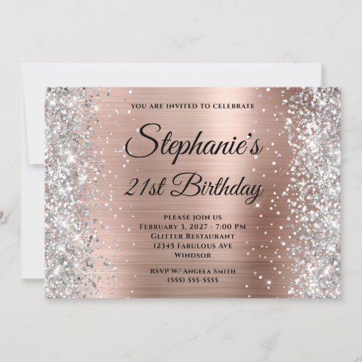 Silver Glitter Rose Gold Monogram 21st Birthday Invitation | Zazzle