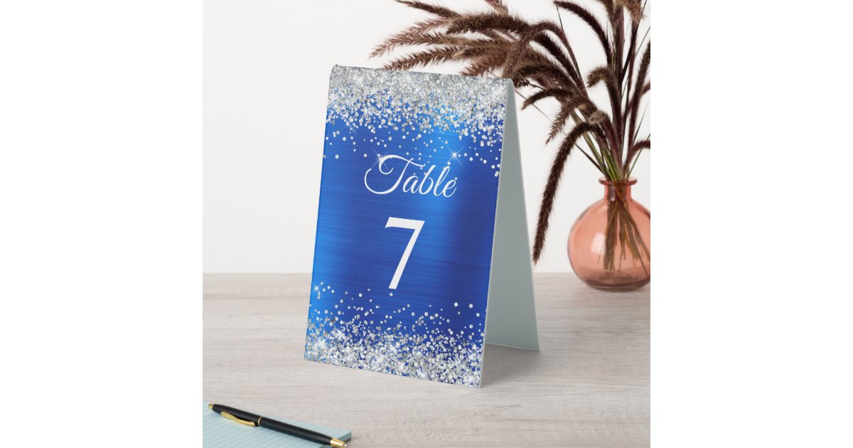 Silver Glitter Royal Blue Foil Table Number Table Tent Sign | Zazzle