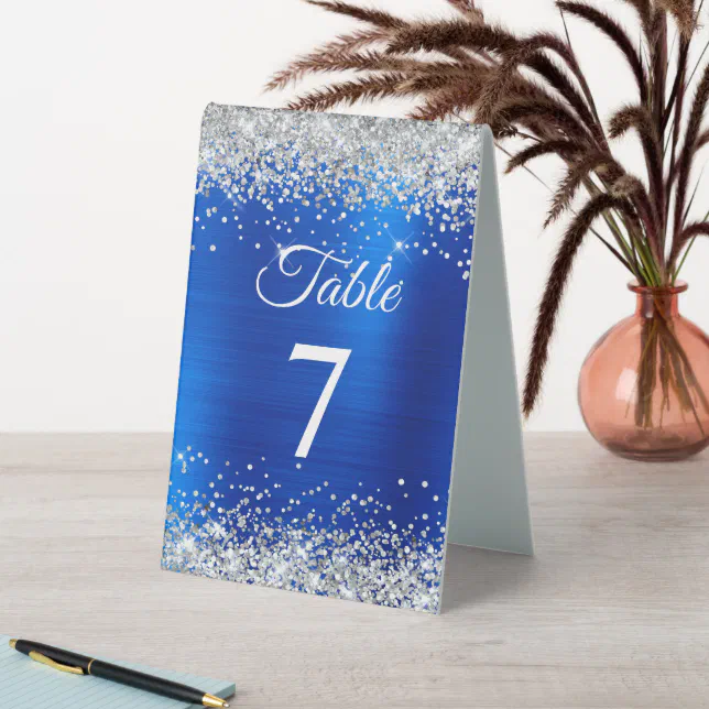 Silver Glitter Royal Blue Foil Table Number Table Tent Sign | Zazzle