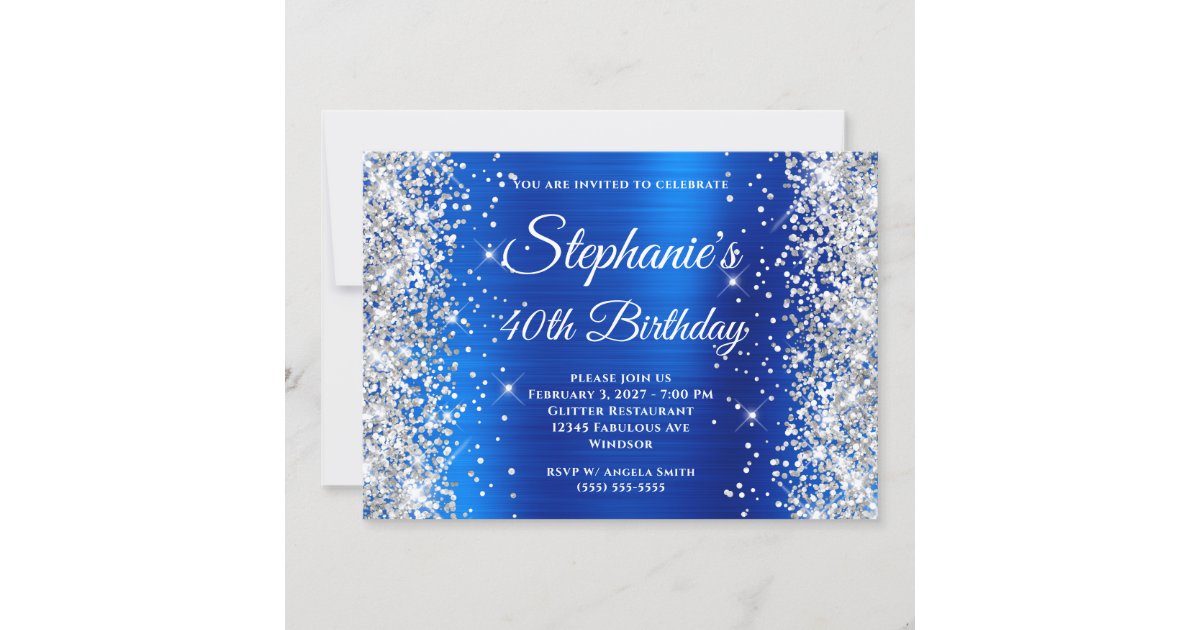 Silver Glitter Royal Blue Monogram 40th Birthday Invitation | Zazzle