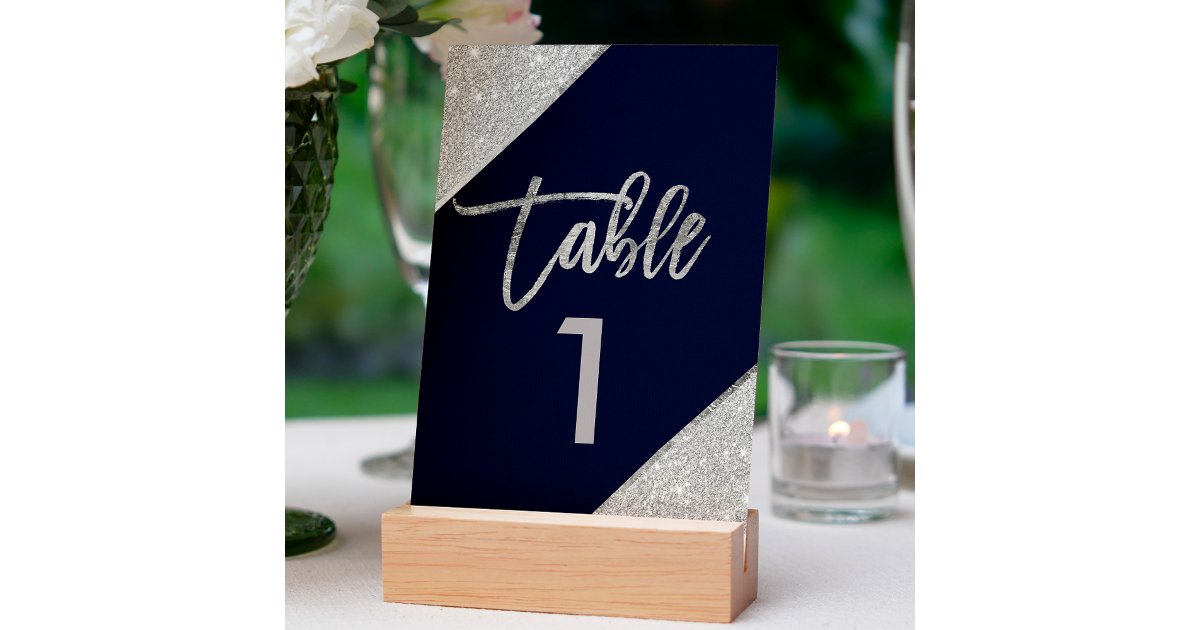 Silver glitter script navy blue table number | Zazzle