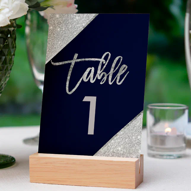 Silver glitter script navy blue table number | Zazzle