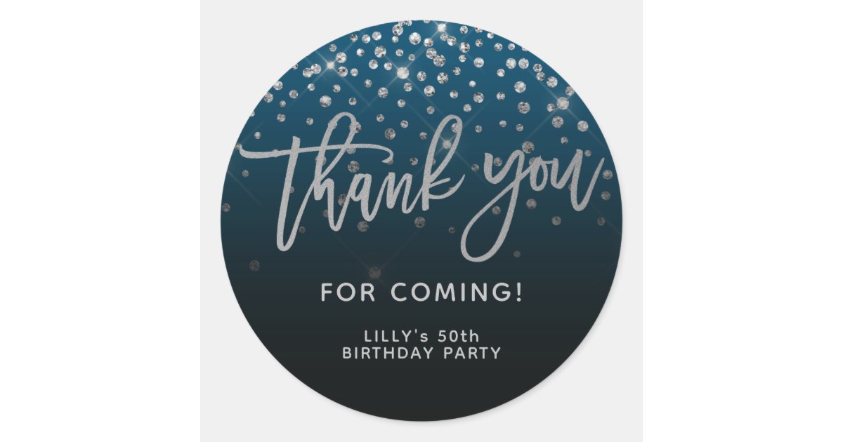 Silver Glitter Script Thank You For Coming Blue Classic Round Sticker ...