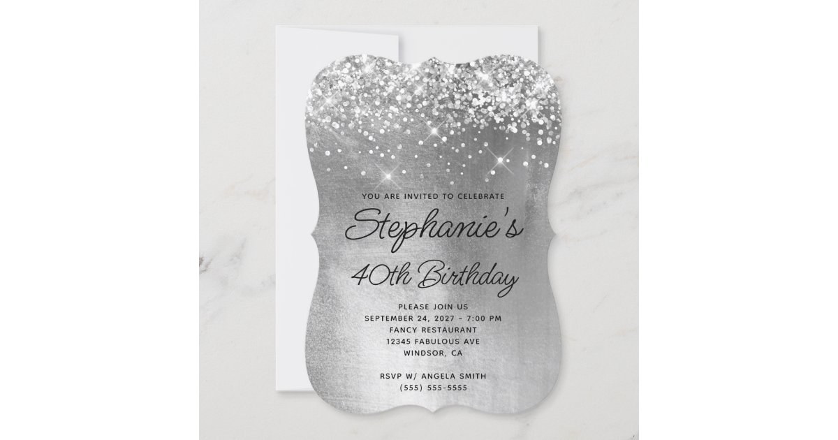 Silver Glitter Shiny Foil Monogram 40th Birthday Invitation | Zazzle