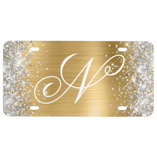Silver Glitter Shiny Gold Fancy Monogram License Plate | Zazzle.com