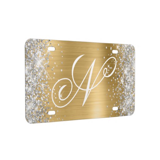 Silver Glitter Shiny Gold Fancy Monogram License Plate | Zazzle