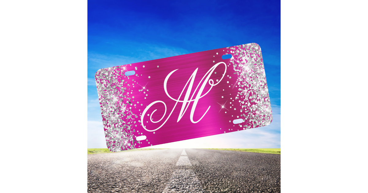 Silver Glitter Shiny Hot Pink Foil Fancy Monogram License Plate | Zazzle