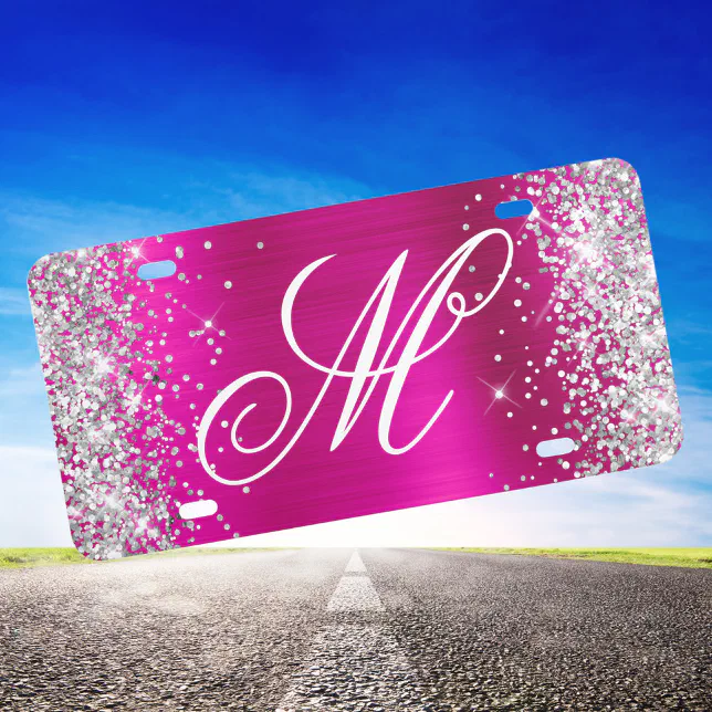 Silver Glitter Shiny Hot Pink Foil Fancy Monogram License Plate | Zazzle