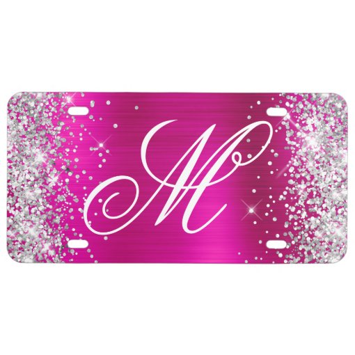 Silver Glitter Shiny Hot Pink Foil Fancy Monogram License Plate | Zazzle