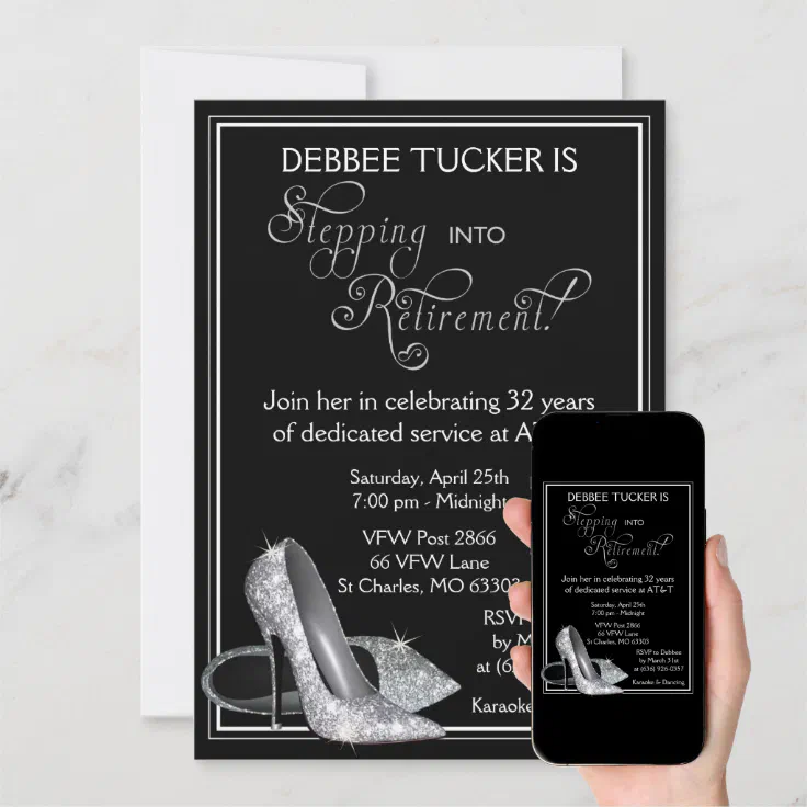 Silver Glitter Shoes Retirement Party Invitation | Zazzle