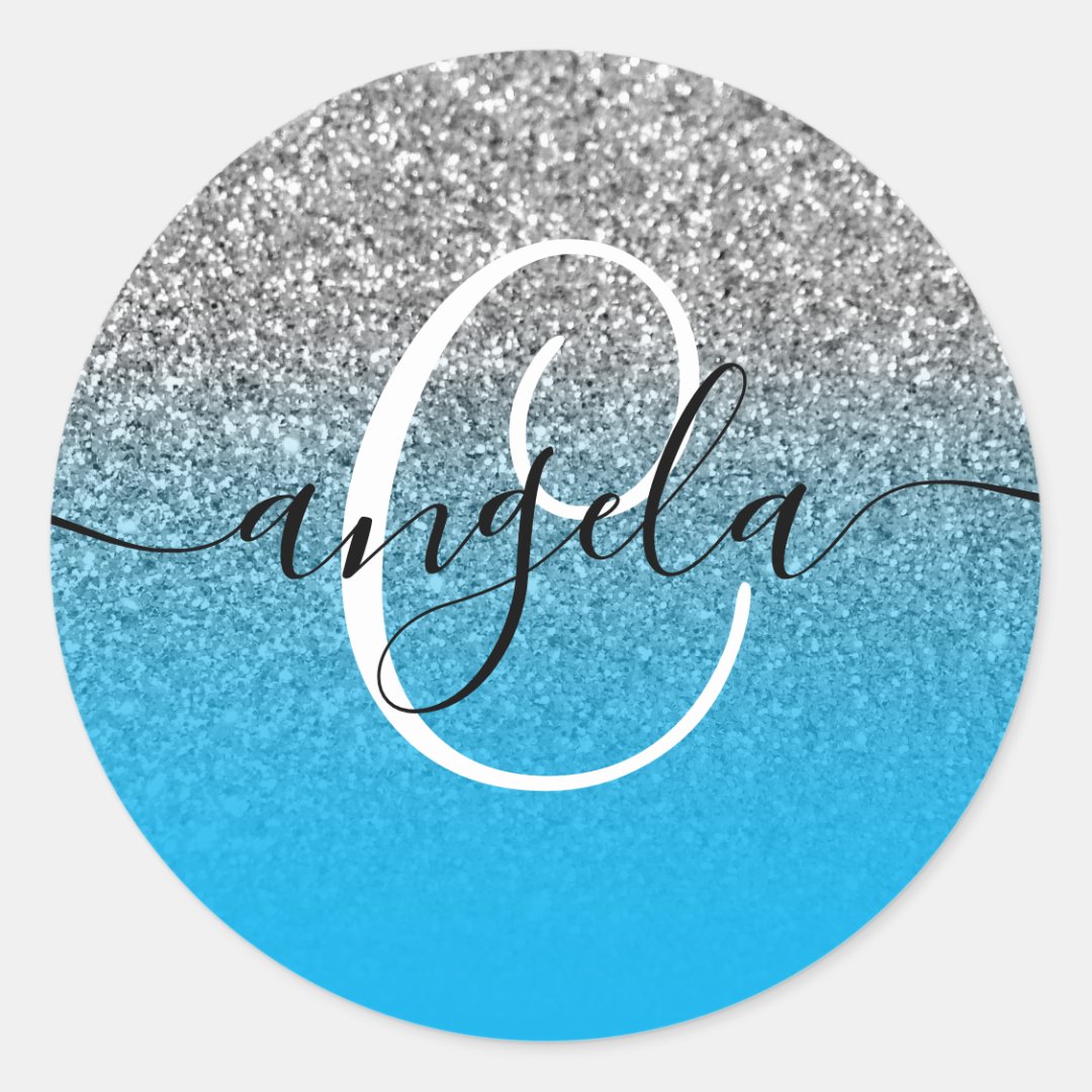 Silver Glitter Sky Blue Ombre Monogrammed Classic Round Sticker | Zazzle