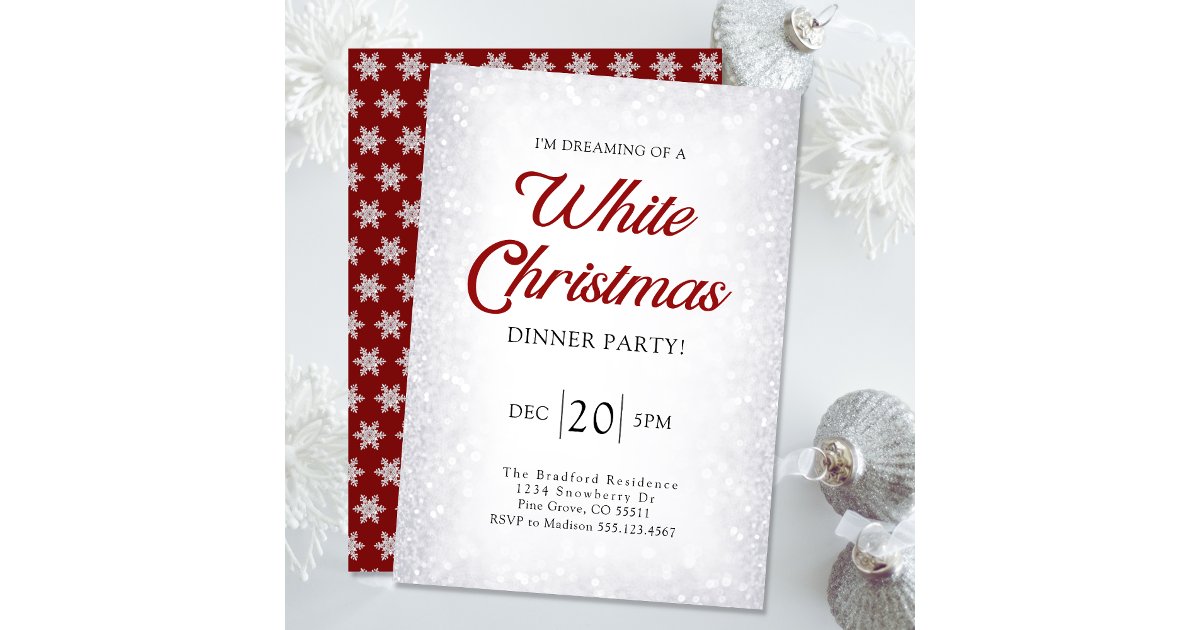 Silver Glitter Snow Christmas White Invitation | Zazzle