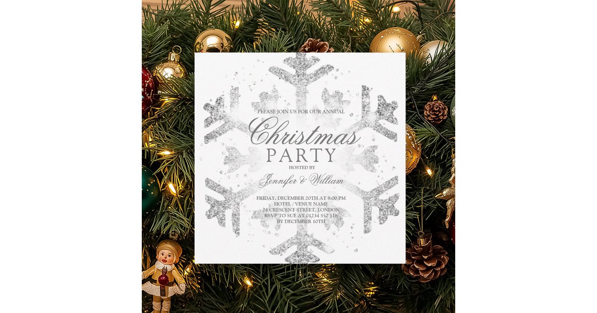 Silver Glitter Snowflake Xmas Holiday Party Invitation | Zazzle