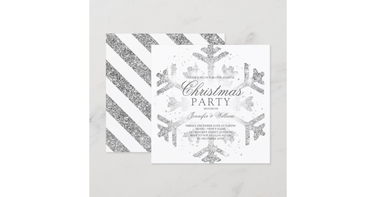 Silver Glitter Snowflake Xmas Holiday Party Invitation | Zazzle