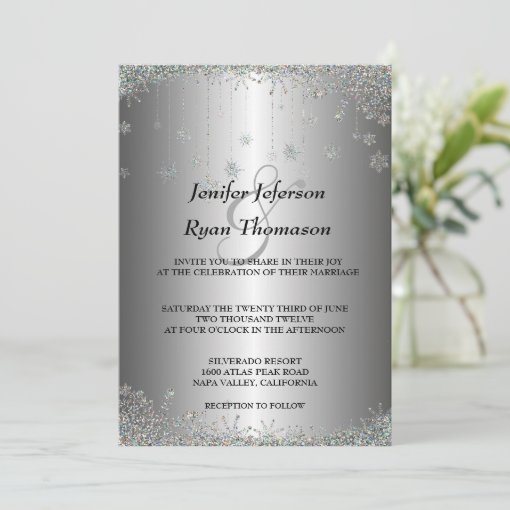 Silver glitter snowflakes wedding Invitation | Zazzle