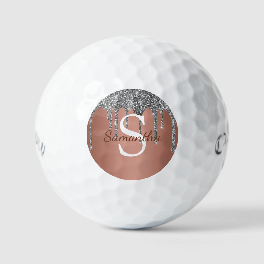 Silver Glitter Sparkle Drip Rose Gold Monogram Golf Balls | Zazzle