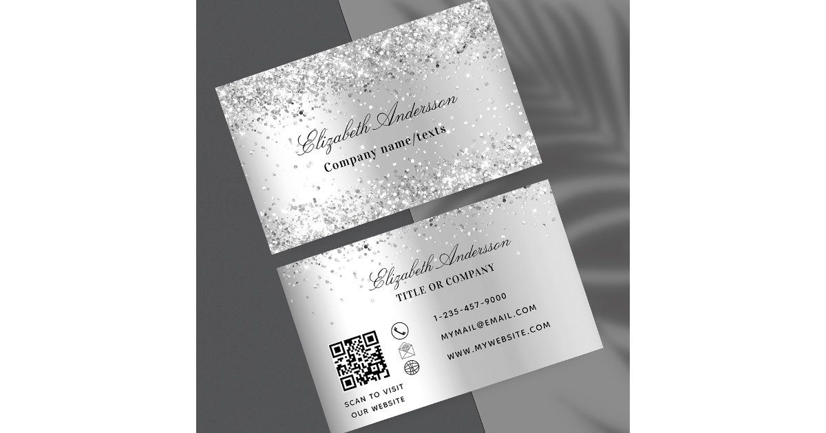 Silver glitter sparkle dust elegant QR code Business Card | Zazzle