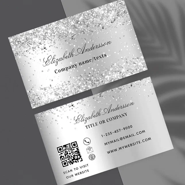 Silver glitter sparkle dust elegant QR code Business Card | Zazzle