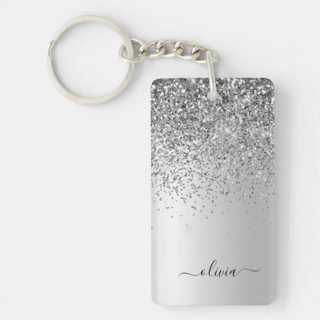 Silver Glitter Sparkle Glam Metal Monogram Name Keychain | Zazzle