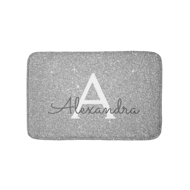 Silver Glitter Sparkle Monogram Bath Mat | Zazzle