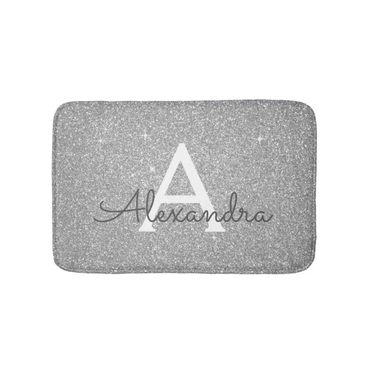 Silver Glitter Sparkle Monogram Bath Mat | Zazzle
