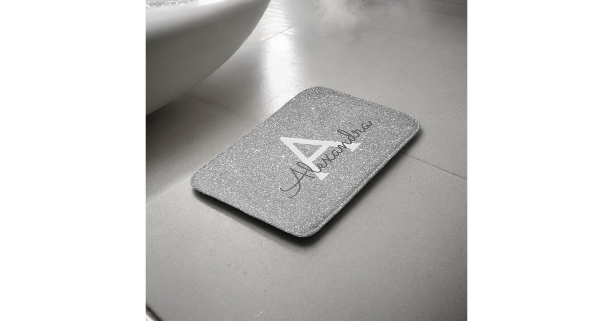 Silver Glitter Sparkle Monogram Bath Mat | Zazzle
