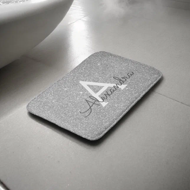 Silver Glitter Sparkle Monogram Bath Mat | Zazzle