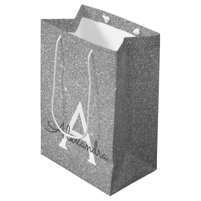 Silver Glitter & Sparkle Monogram Medium Gift Bag | Zazzle