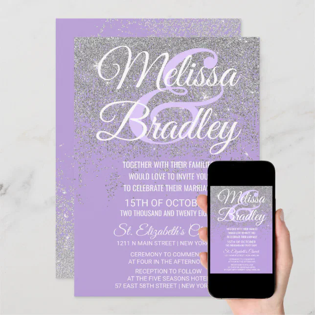 Silver Glitter Sparkles Dark Lavender Wedding Invitation | Zazzle