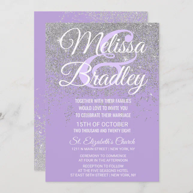 Silver Glitter Sparkles Dark Lavender Wedding Invitation | Zazzle
