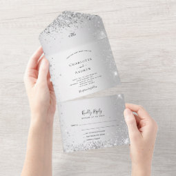Silver glitter sparkles elegant wedding all in one invitation | Zazzle