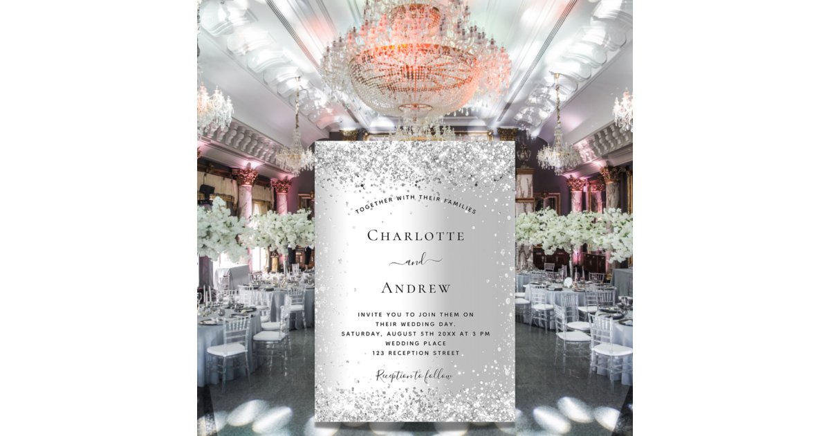 Silver glitter sparkles elegant wedding invitation | Zazzle
