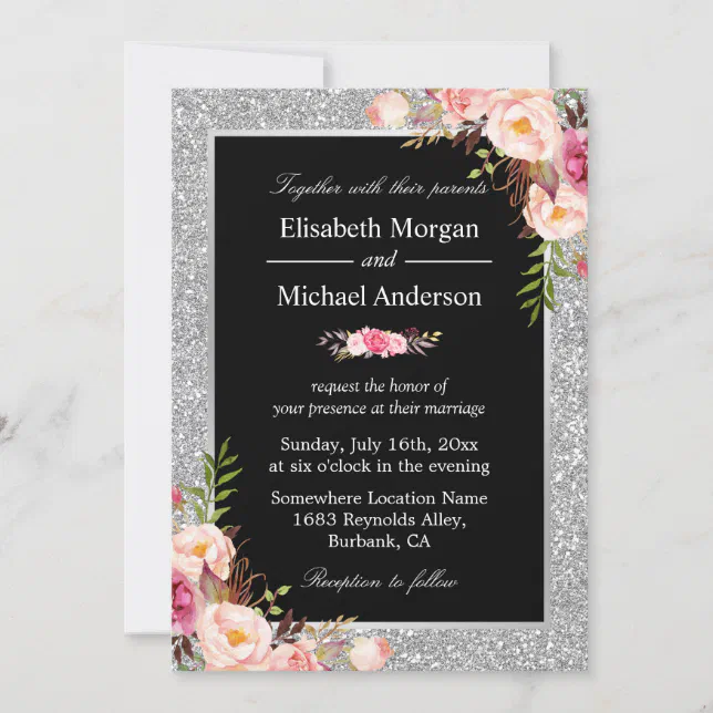 Silver Glitter Sparkles Floral Wedding Invitation | Zazzle