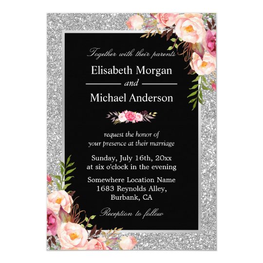 Silver Glitter Sparkles Floral Wedding Invitation | Zazzle.com