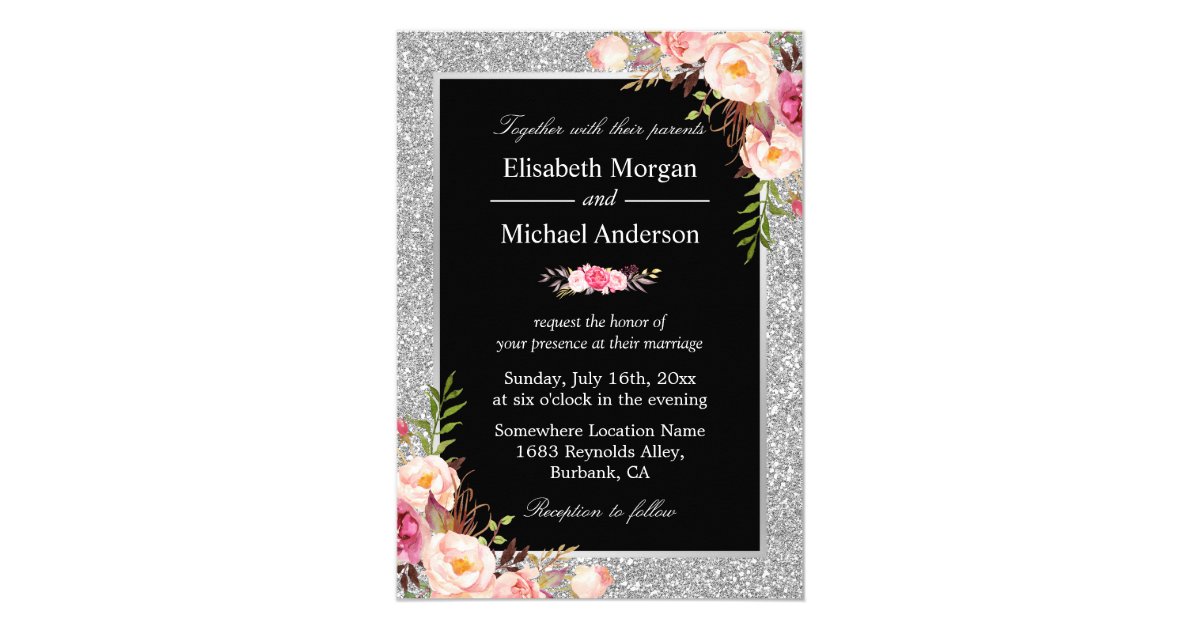 Silver Glitter Sparkles Floral Wedding Invitation