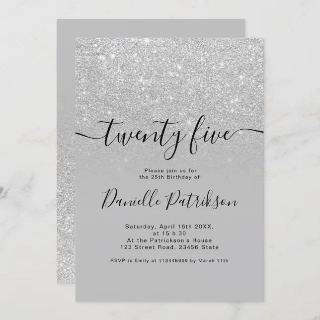 Silver glitter sparkles gray ombre twenty five invitation | Zazzle