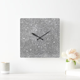 Silver Glitter Sparkles Square Wall Clock | Zazzle