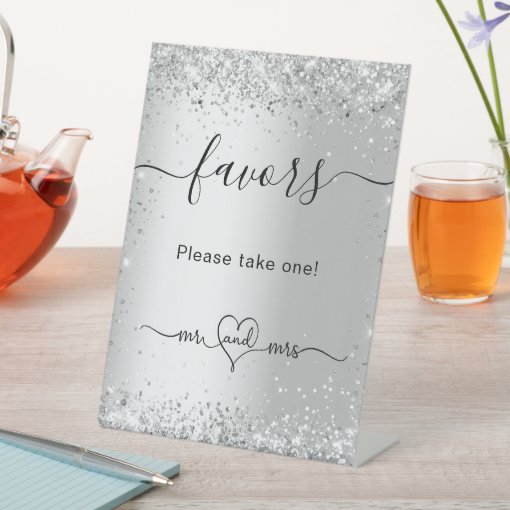 Silver glitter sparkles wedding guest favors pedestal sign | Zazzle