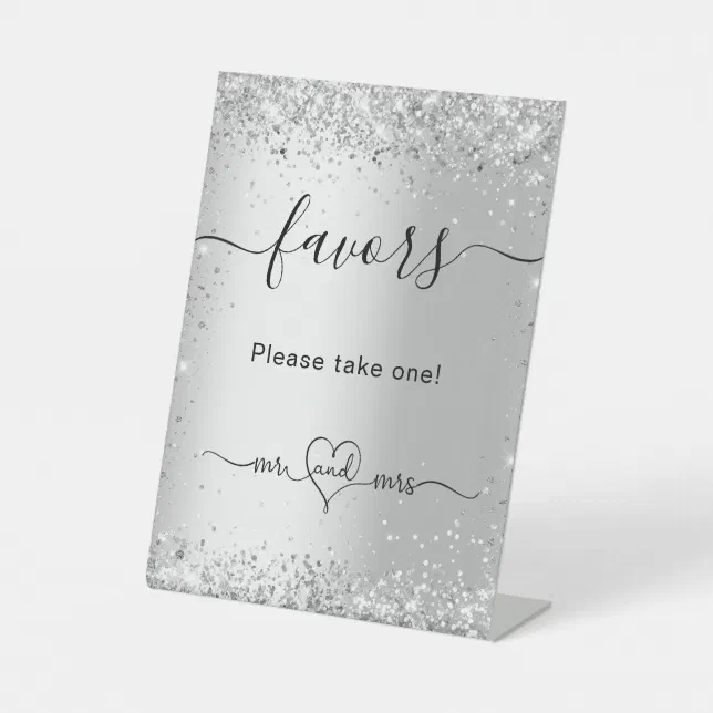 Silver glitter sparkles wedding guest favors pedestal sign | Zazzle