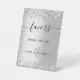 Silver glitter sparkles wedding guest favors pedestal sign | Zazzle
